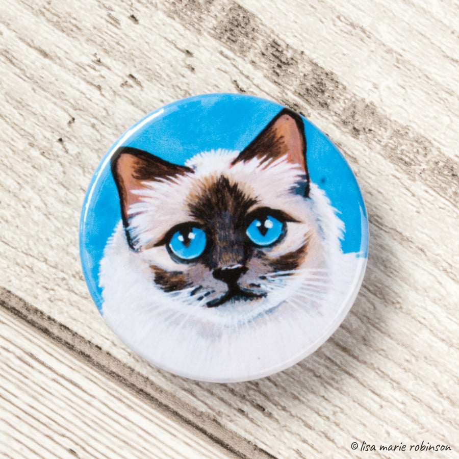 Seal Point Long Haired Cat Button Badge - 38mm - Folksy