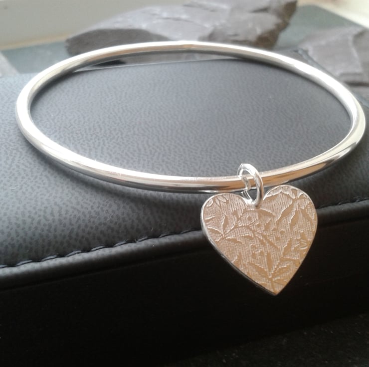Silver Bangle with Silver Heart Charm - Folksy