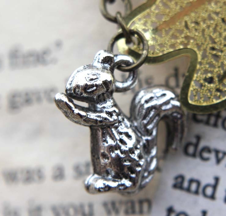 Silver Squirrel Charm and Gold Leaf Charm Autum... - Folksy
