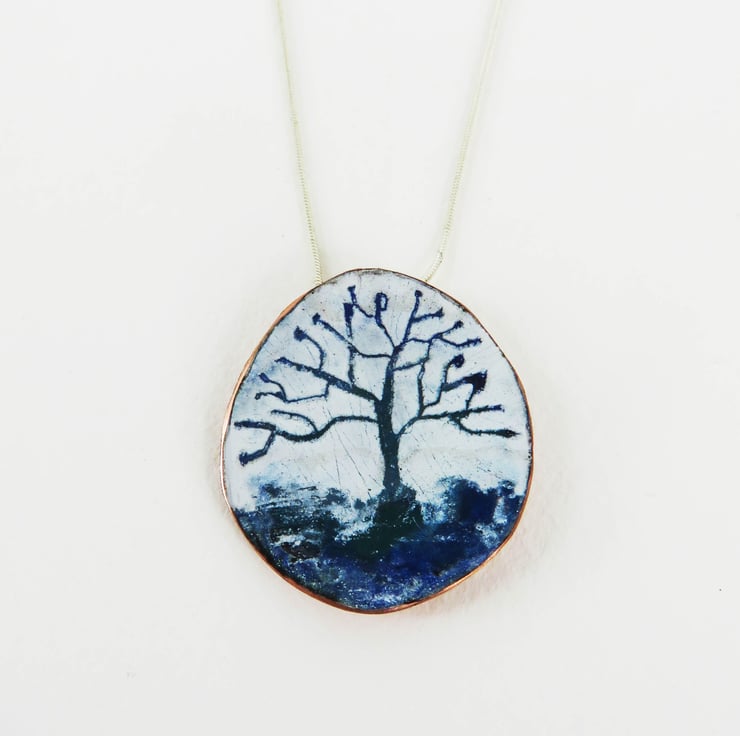 Enamel and Copper Blue and Green Tree Pendant. - Folksy