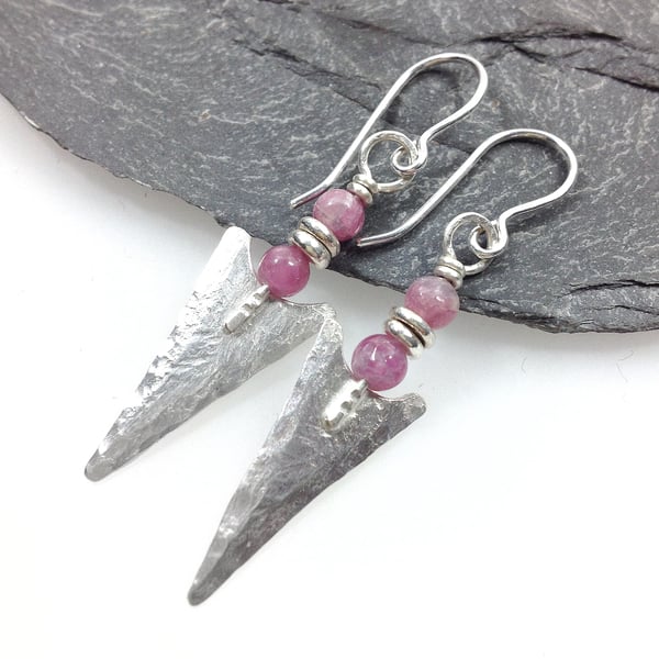 Pink tourmaline and silver arrowhead tribal ear... - Folksy