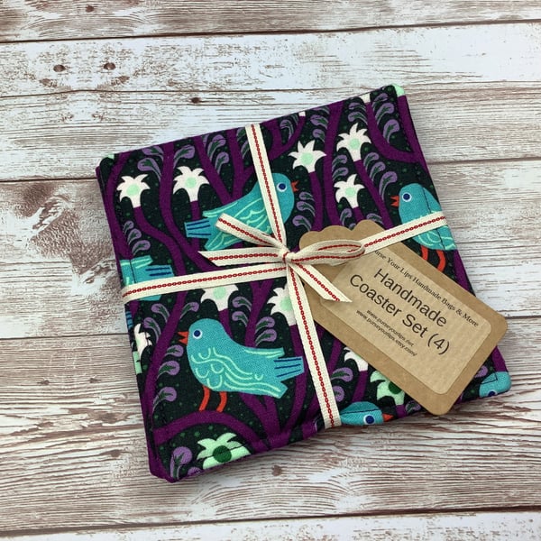 Birds coaster set, Fabric coaster set of 4, Han... - Folksy