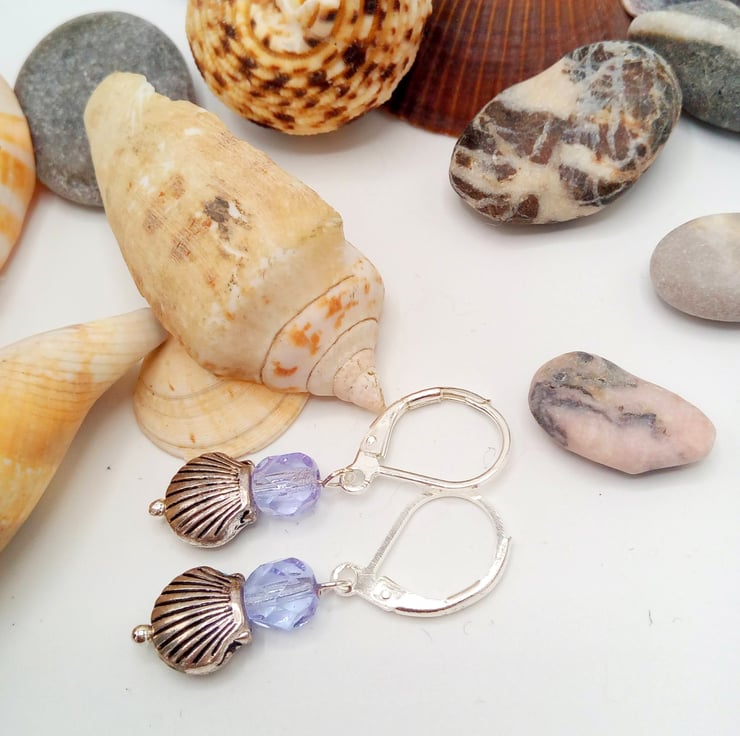 Clam Shell Charm and Lilac Glass Crystal Lever ... - Folksy