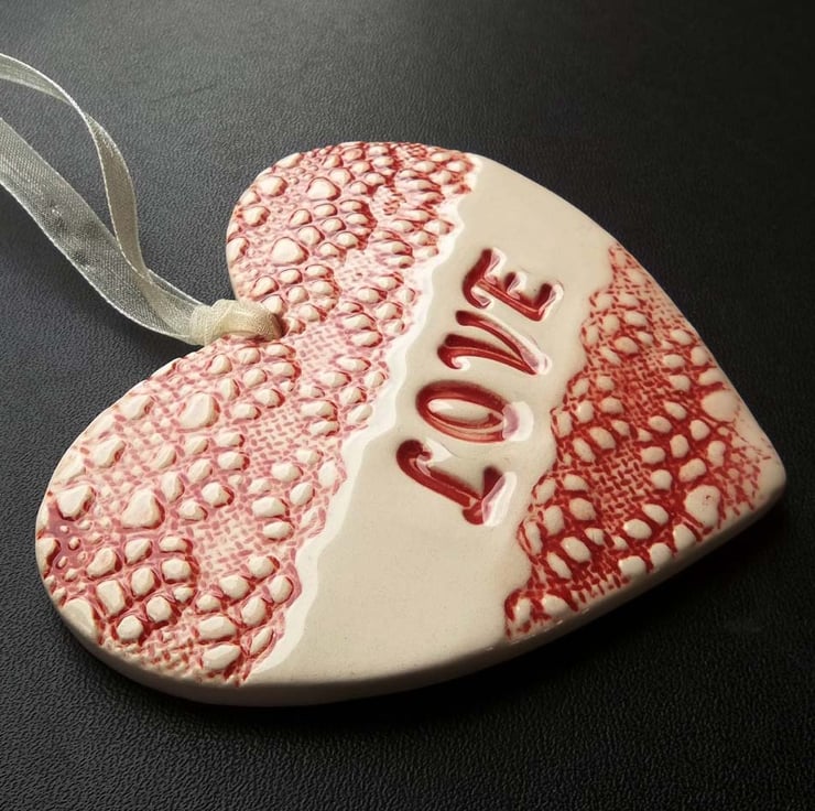 SALE Lace print LOVE ceramic heart - Folksy