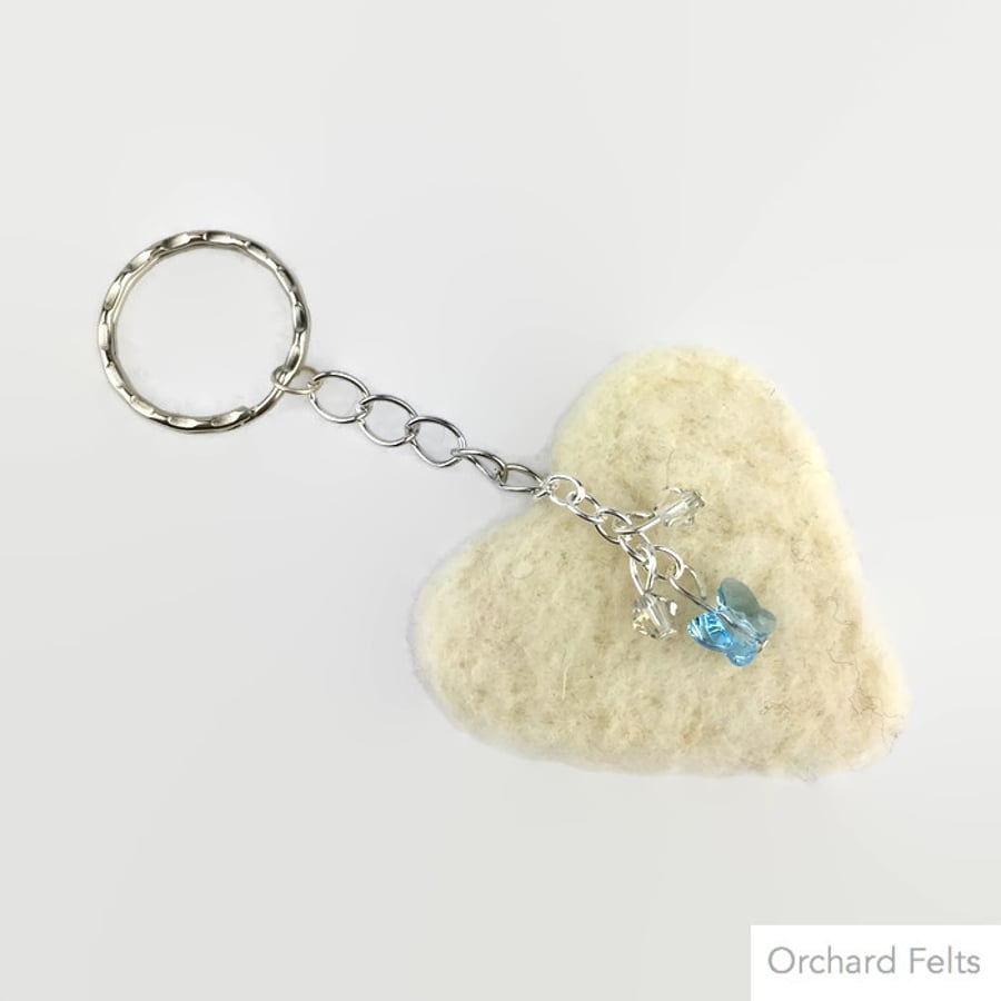 Keyring with white needle felted heart embellis... - Folksy