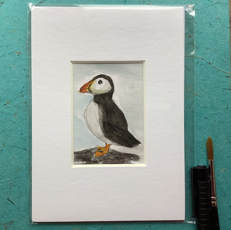 Puffin - miniature pen, ink, watercolour of bird - Folksy