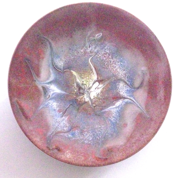 Large dish - enamel - brick-red scrolled white,... - Folksy