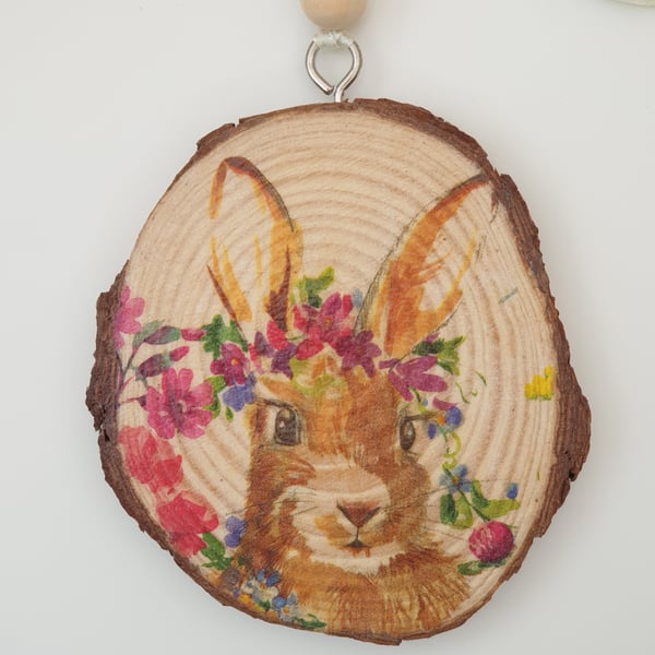 Rabbit decoupage hanging wood slice decoration - Folksy
