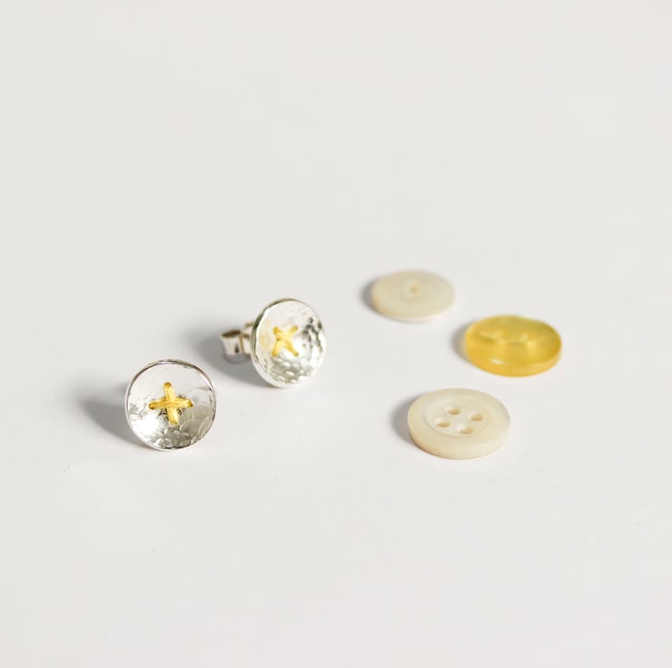 Silver button earrings, stitched, button earrings - Folksy