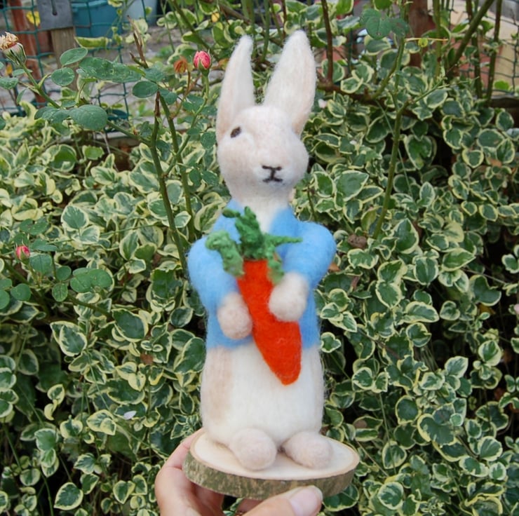 Needle felt rabbit in blue jacket holding a carrot - Folksy