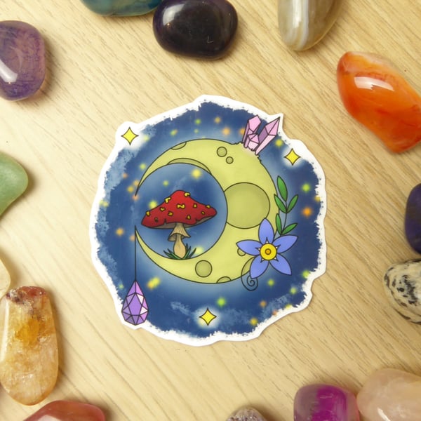 Moon and Toadstool Vinyl Sticker, Cottagecore S... - Folksy