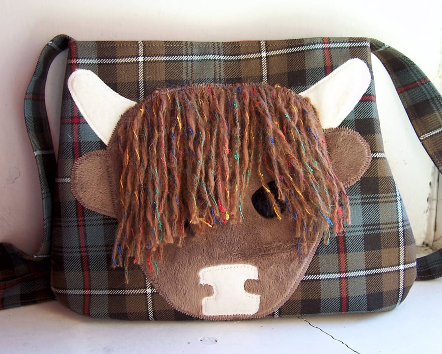 Wool tartan shoulder bag with highland cow appl... - Folksy