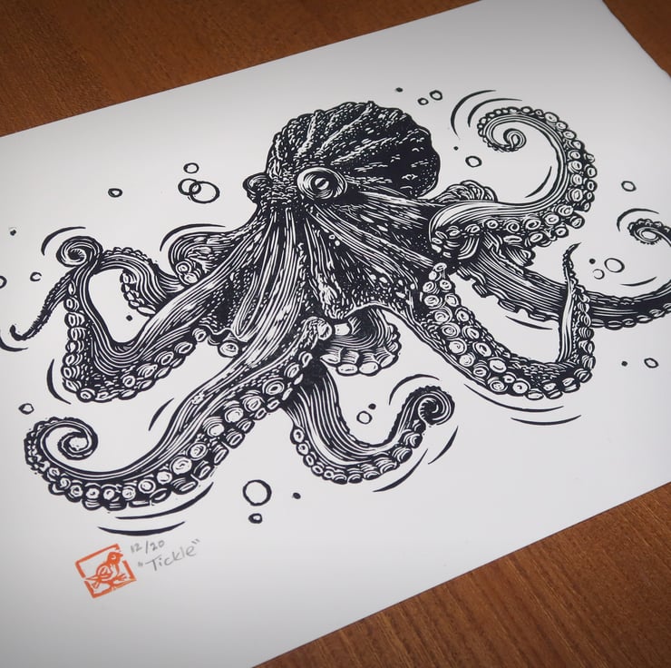"Tickle" Octopus Original Linoprint - Folksy