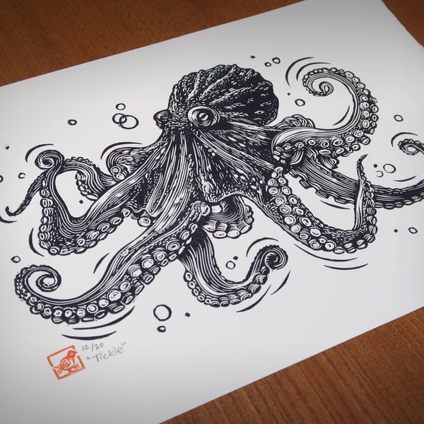 "Tickle" Octopus Original Linoprint - Folksy