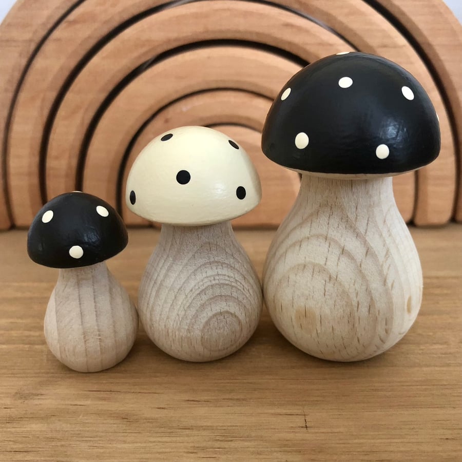 Hand Painted Wooden Toadstools - Monochrome - Folksy
