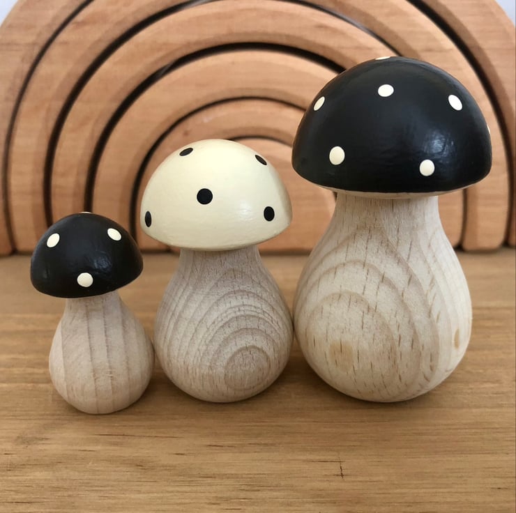 Hand Painted Wooden Toadstools - Monochrome - Folksy