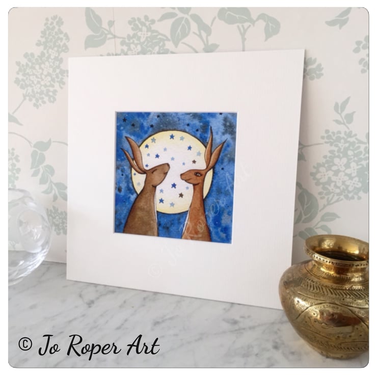 Hares and The Moon mounted print Jo Roper - Folksy