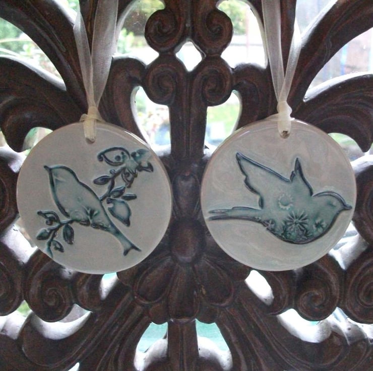 Set of two large ceramic bird hanging decoratio... - Folksy