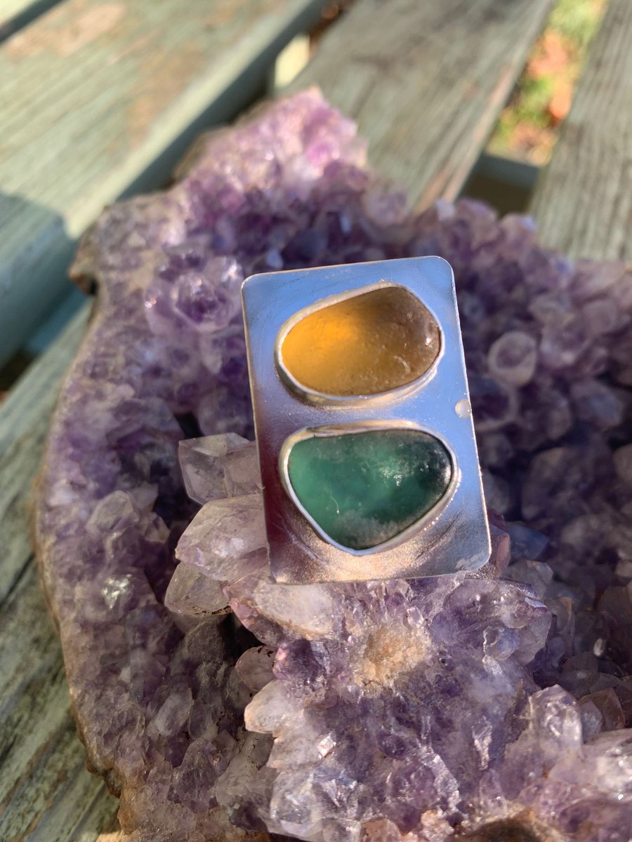 2 Stone multi-colored sea glass ring - Size P - Folksy