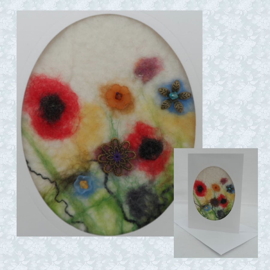 Greetings Card, felted with beaded flowers (ova... - Folksy