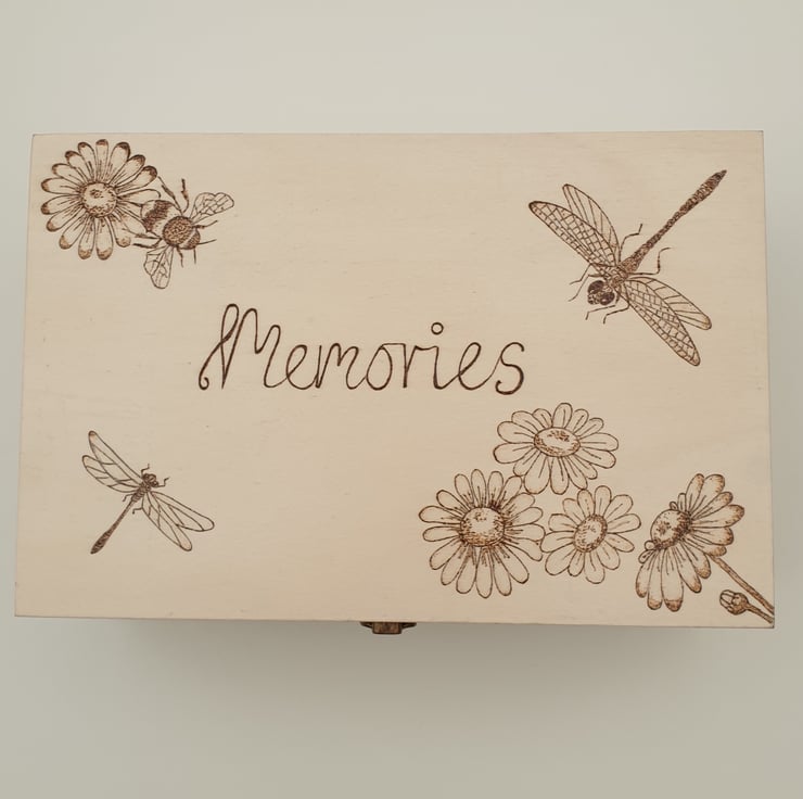 Wood burned memory keepsake box with dragonflie... - Folksy