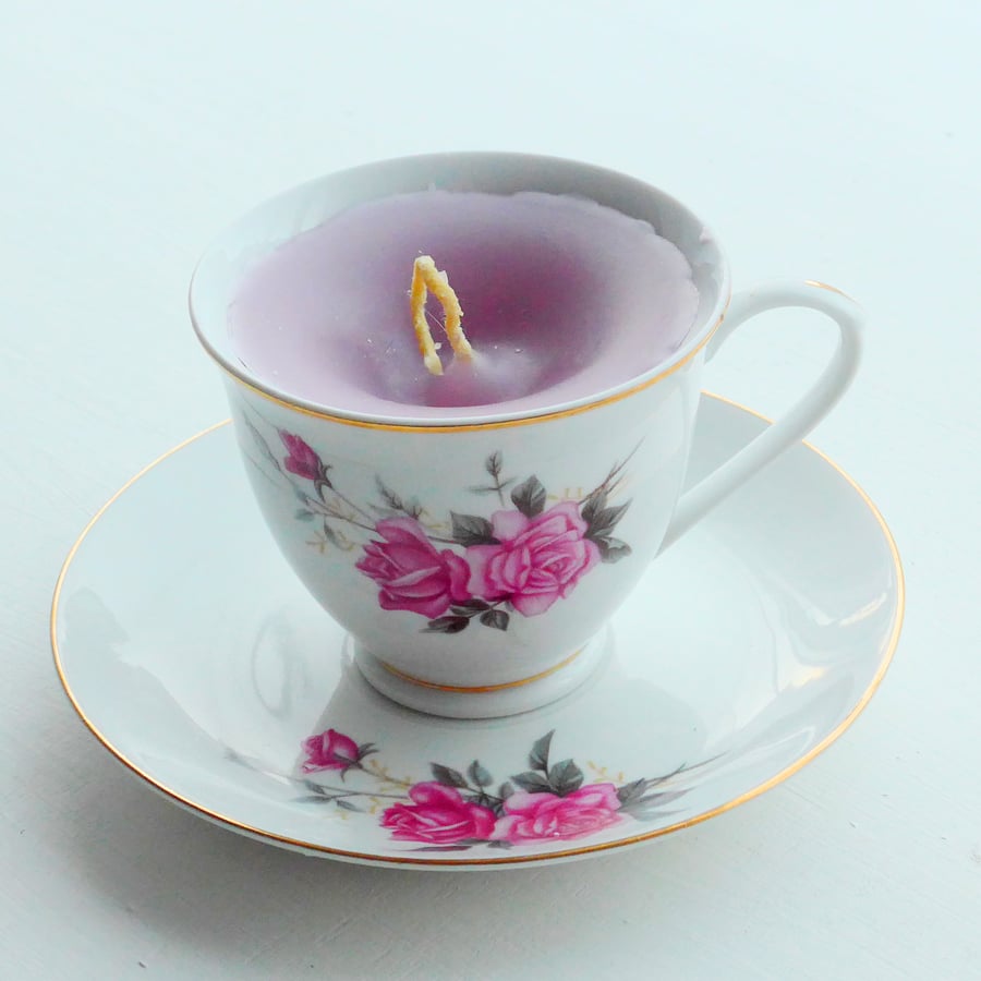 Vintage China Tea Cup Rose Candle with Saucer -... - Folksy