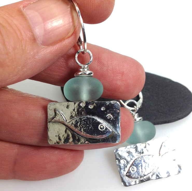 Silver fish earrings with aqua sea glass - Folksy