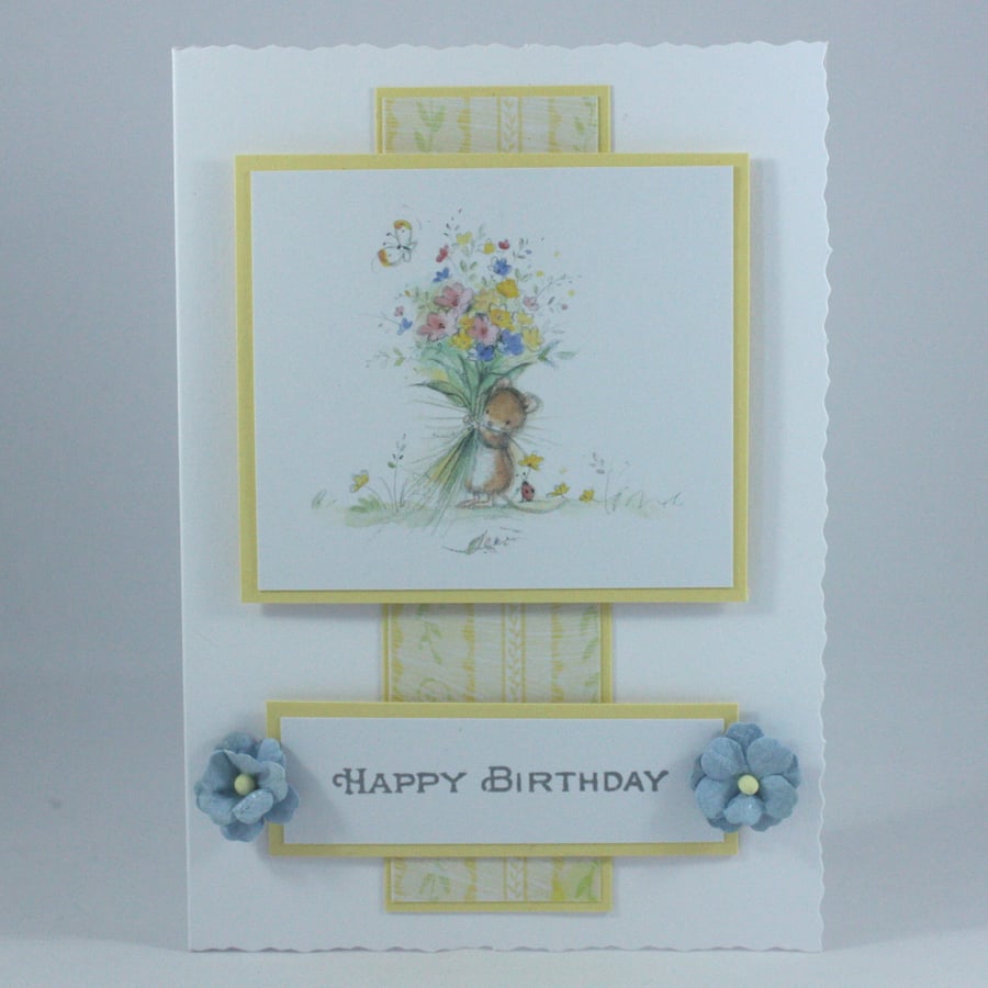Handmade birthday card - mouse with bouquet - Folksy