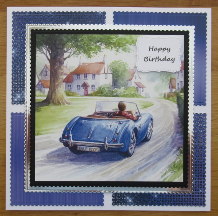 Blue Sports Car - 7x7" Birthday Card - Folksy