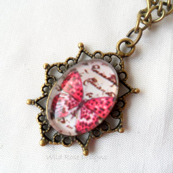 Fuschia butterfly pendant necklace - Folksy