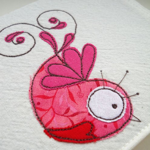 embroidered notebook - pink bird fabric cover - A6 - Folksy
