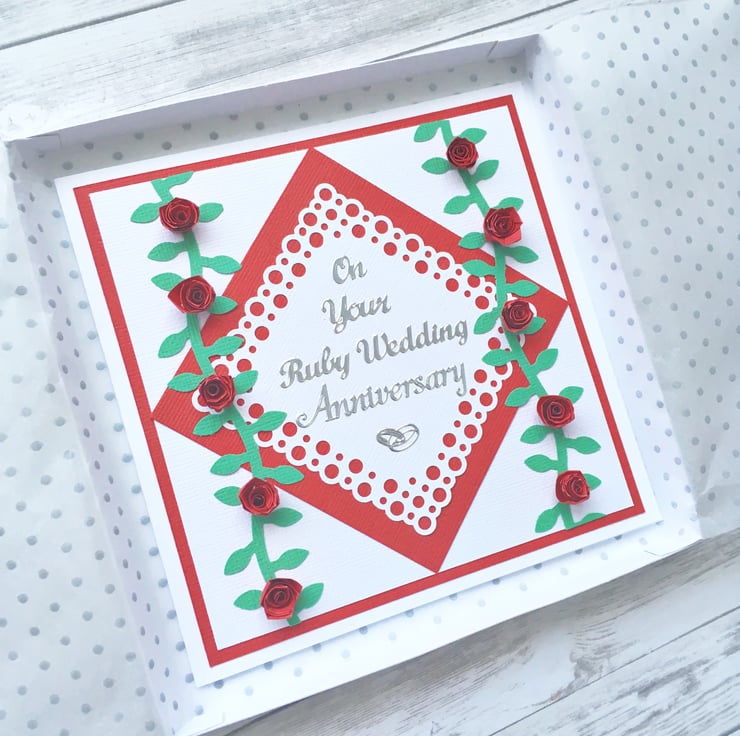 Ruby anniversary card - quilled roses - boxed o... - Folksy