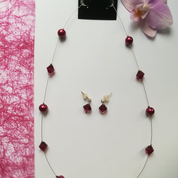 Ruby Swarovski Floating Necklace and Earrings set - Folksy
