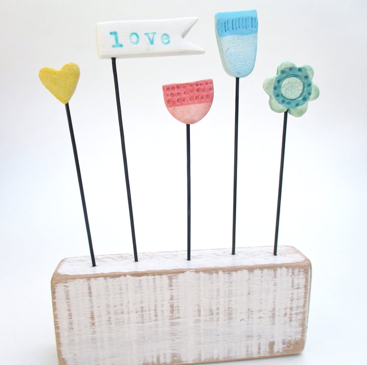 Clay Flower Garden with 'Love' Banner - Folksy