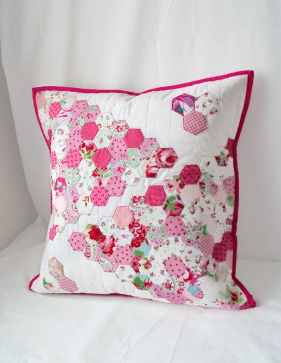 large pink patchwork hexagon cushion cover, fem... - Folksy