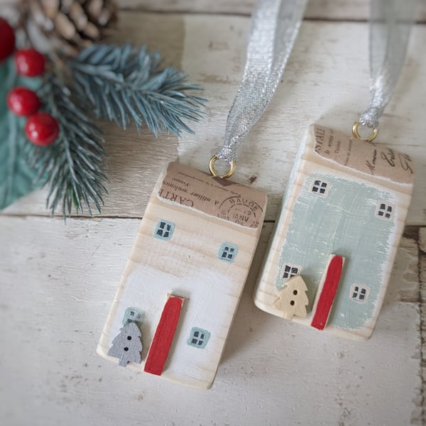 Set of 2 Wooden Christmas House Hanging Decorat... - Folksy