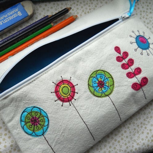 embroidered flowers pencil case / make-up purse - Folksy