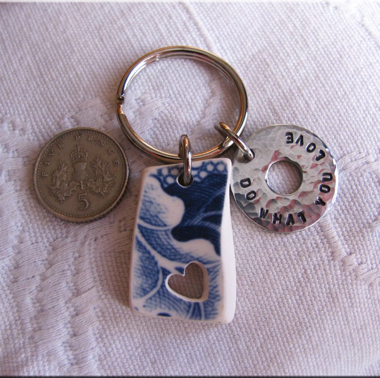 Tumbled pottery shard drilled heart, keyring - Folksy