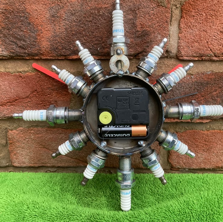 Sunburst Wall Clock, Repurposed Spark Plugs - Folksy