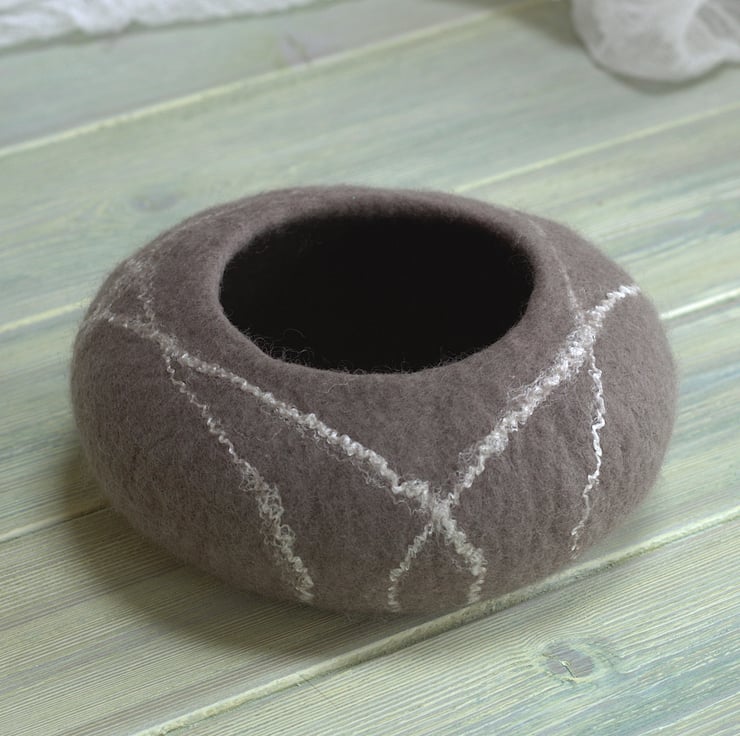 Taupe Grey Felt Striped Pebble Bowl - hand felt... - Folksy
