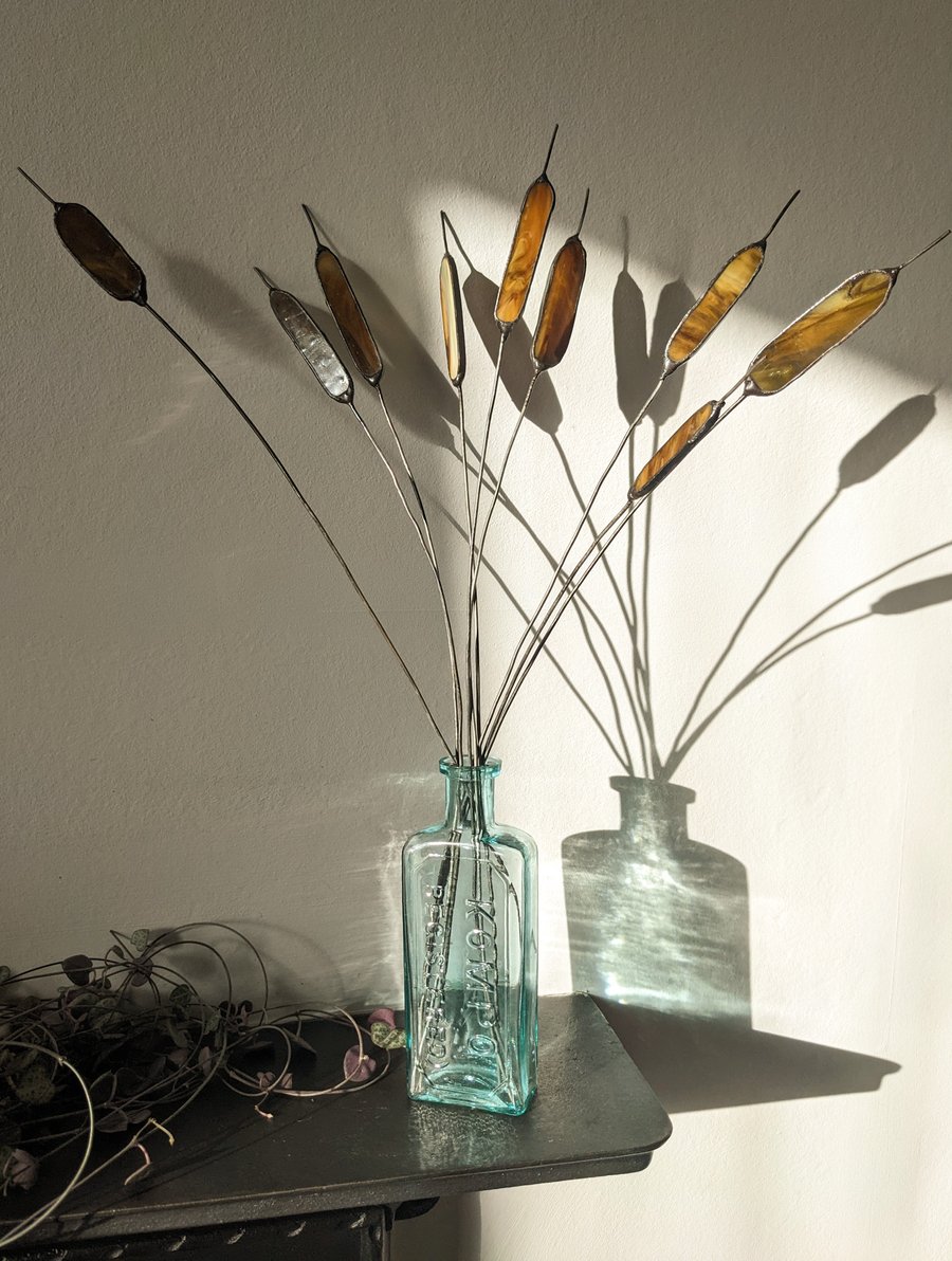 Stained Glass Stems, Trio of Bulrushes, Tiffany... - Folksy