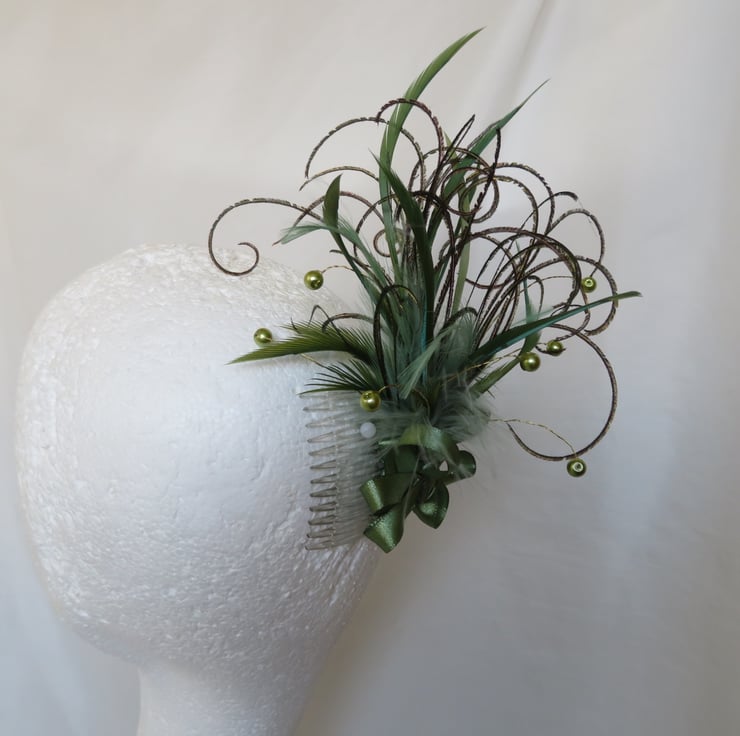 Olive Green Feather & Gold Feather Fascinator - Folksy