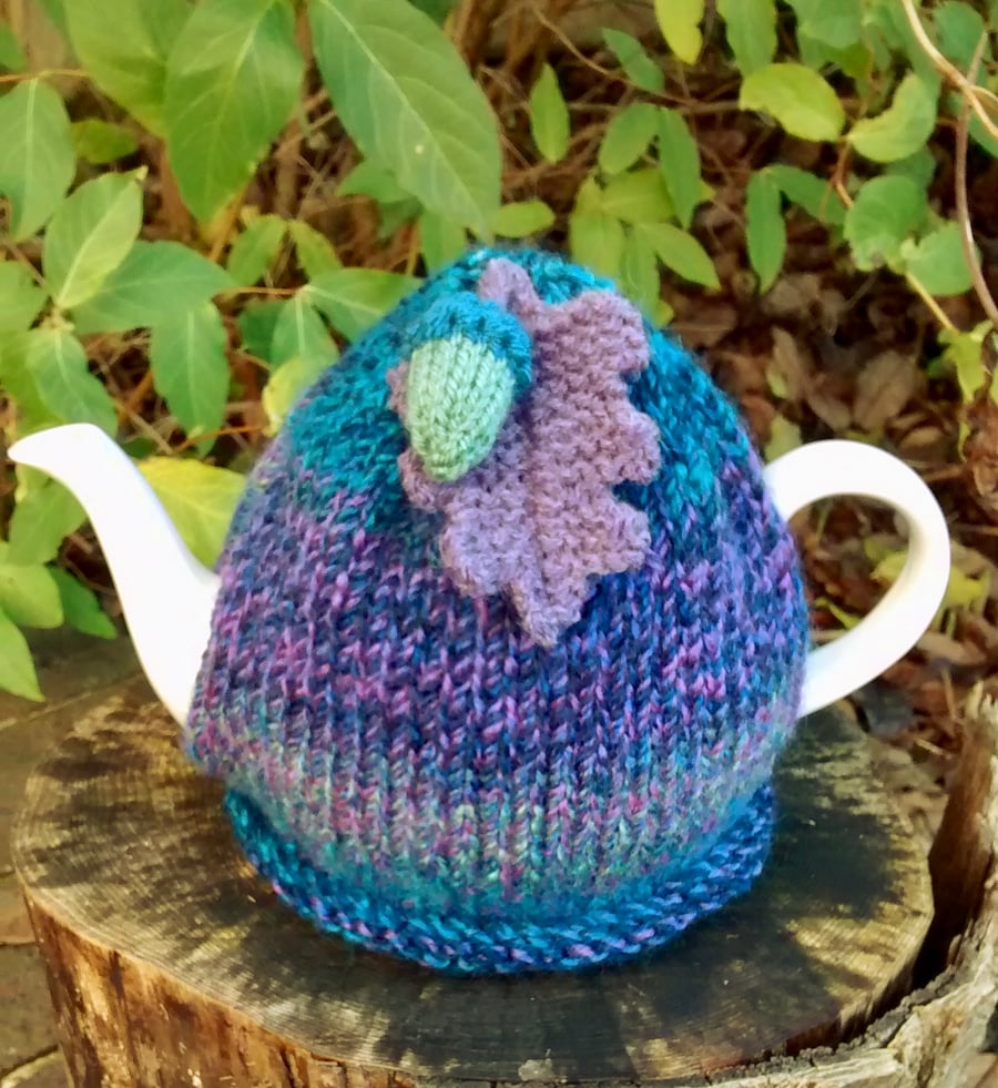 Blue Marble Tea Cosy with Acorn and Oak Leaf - Folksy