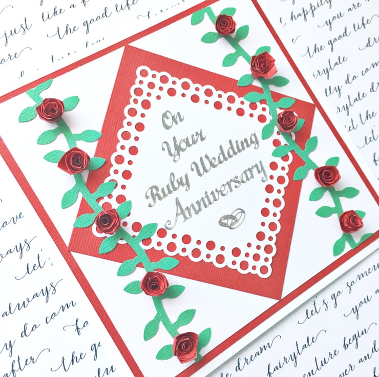 Ruby anniversary card - quilled roses - boxed o... - Folksy