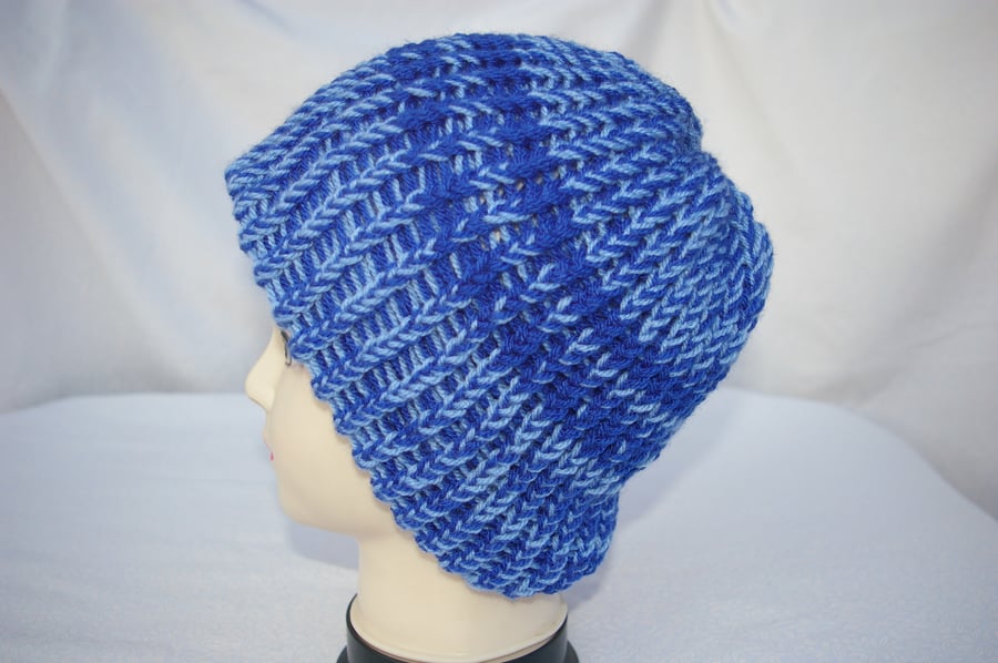 Large Blue Beanie Hat Knitted by Hand knitting ... - Folksy