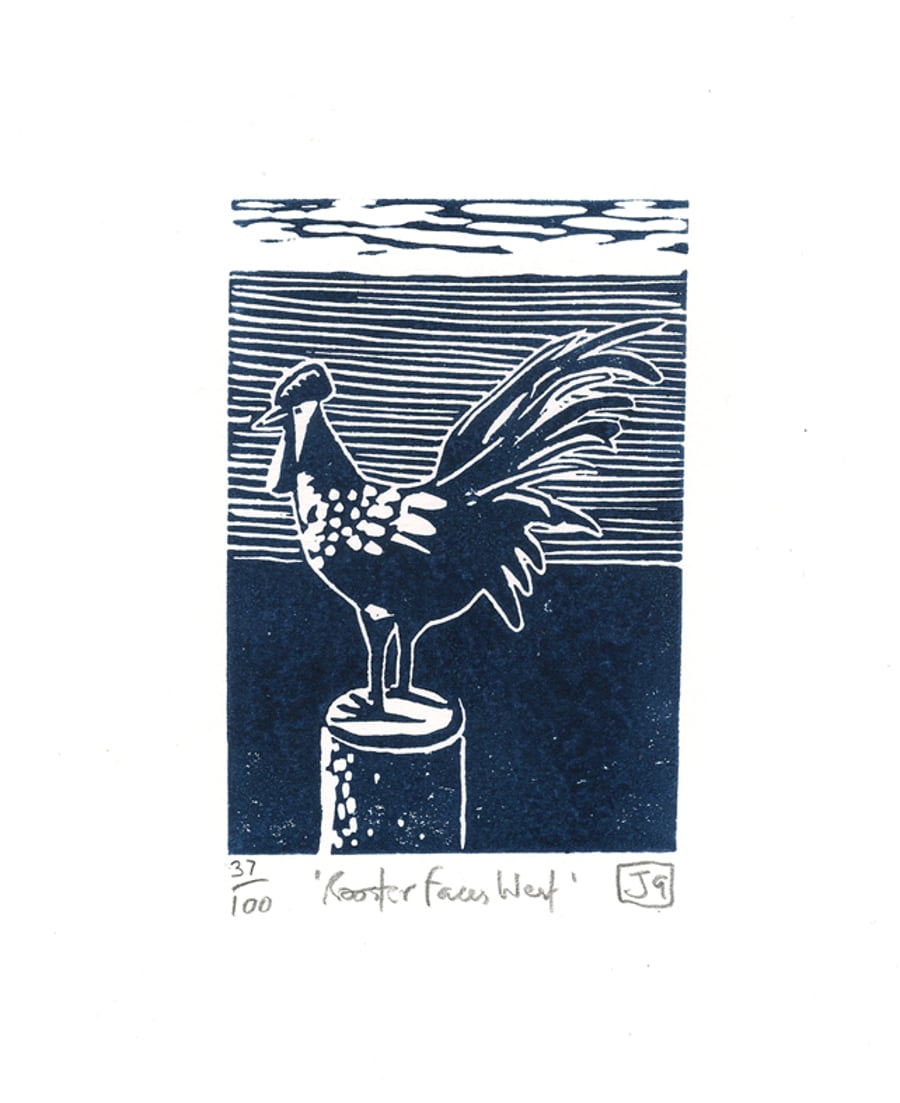 Rooster Faces West linocut print - Folksy