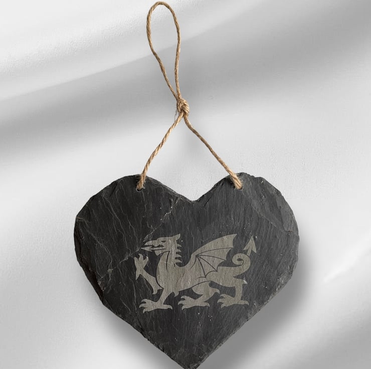 Hanging decoration Welsh Dragon on slate heart.... - Folksy