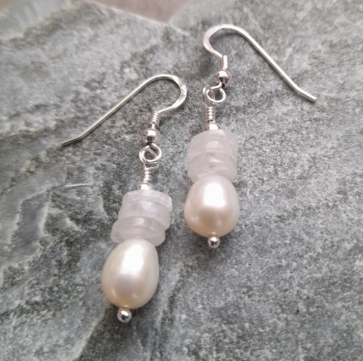 Sterling Silver Pearl and Moonstone Gemstone Ea... - Folksy