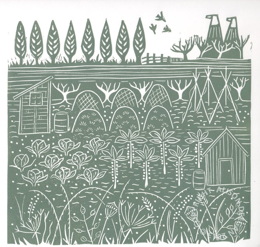 ORIGINAL lino print - 'Down the allotments III' - Folksy