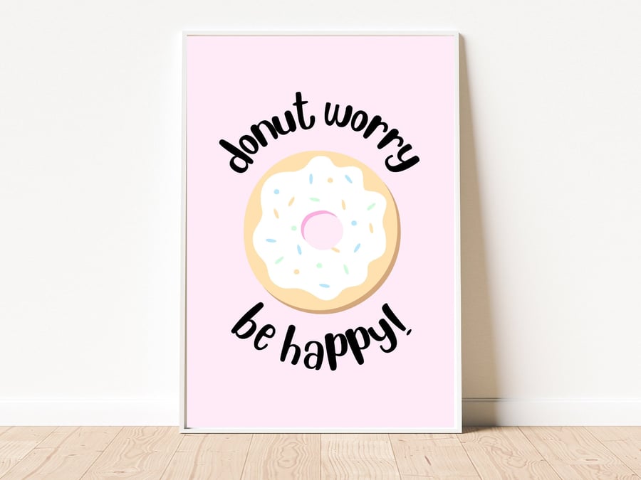 Donut Worry Be Happy Print, Unframed Pink Kitch... - Folksy